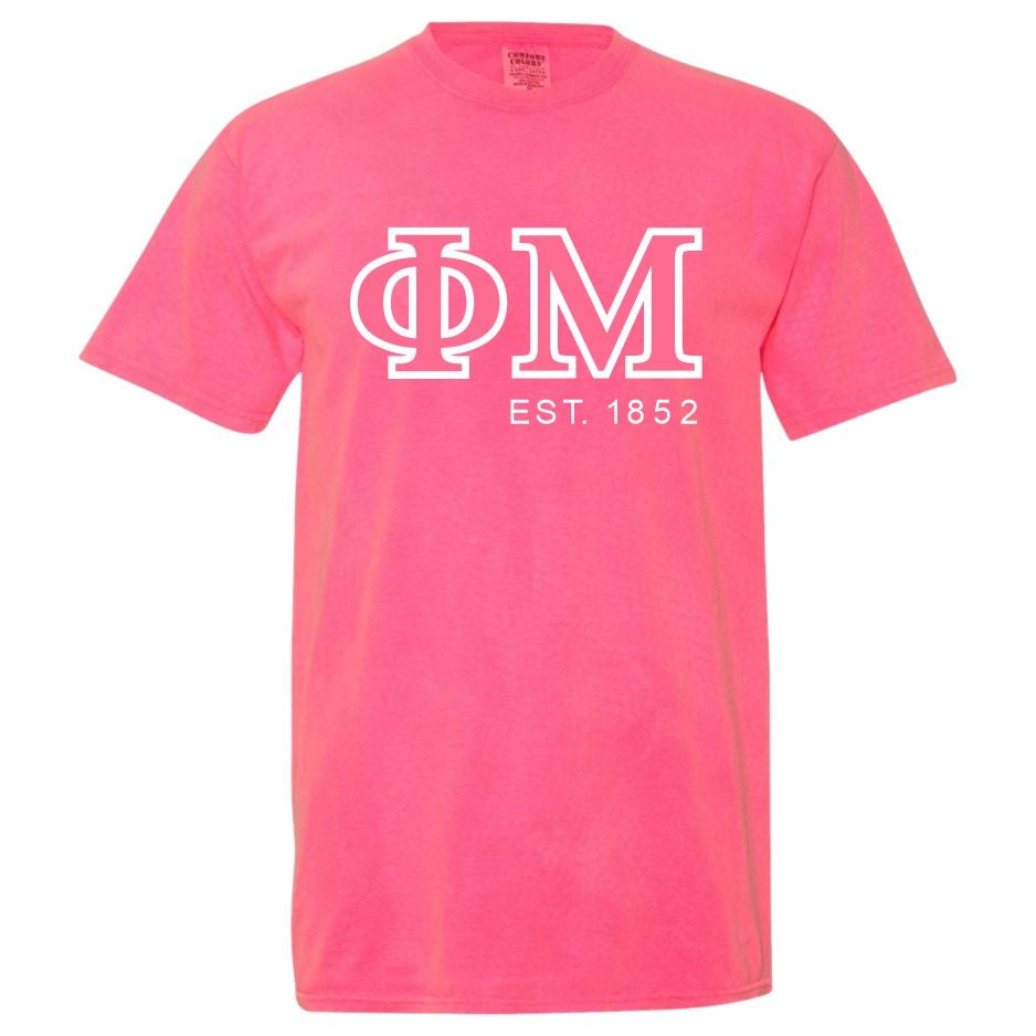 Phi Mu Neon Pink Lettered Tee | Everyday Apparel & Designs, Inc.